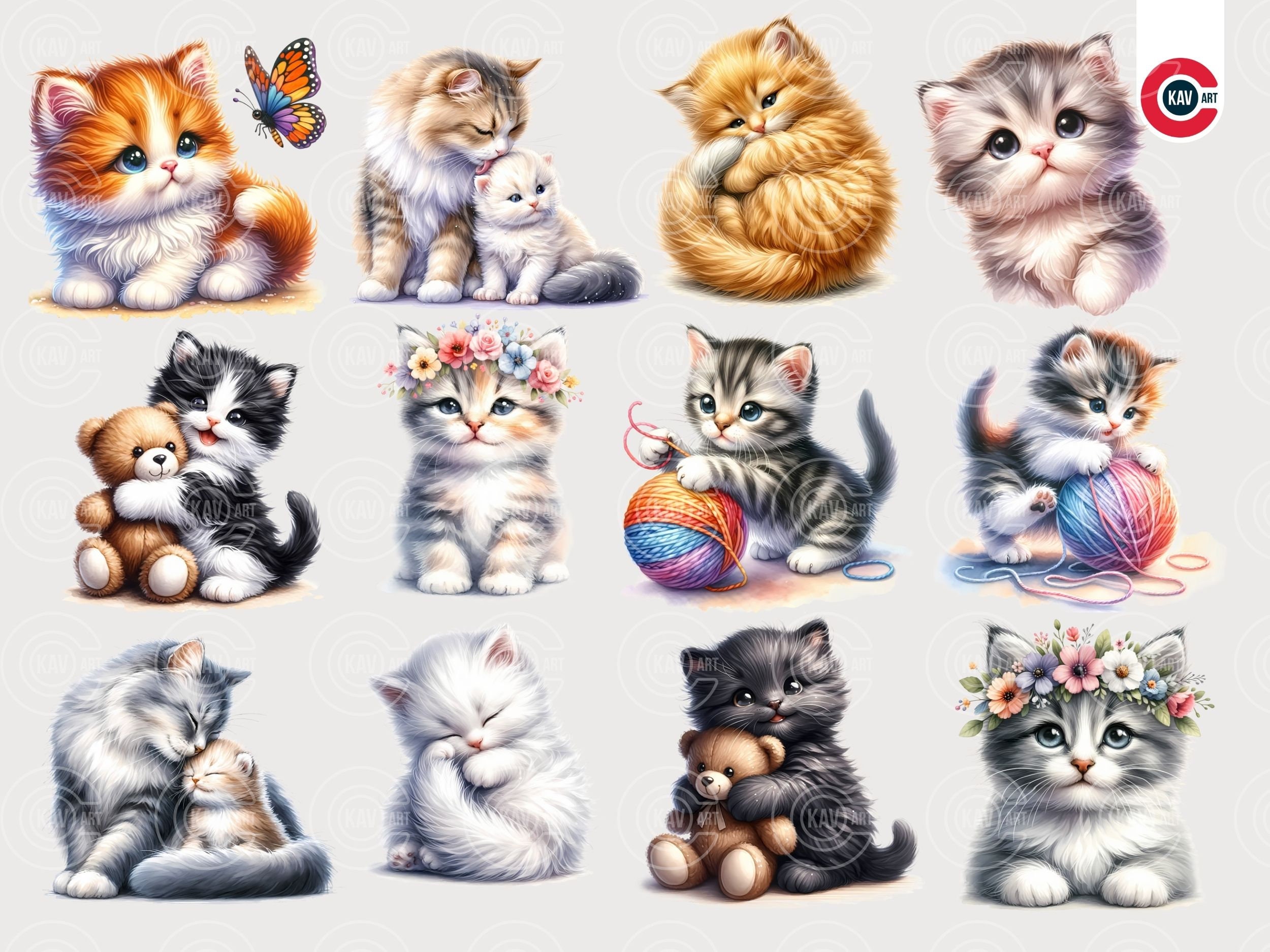 Cute Cat Clipart Pngs, Cute Kitten Watercolor Clipart, Print on Demand ...