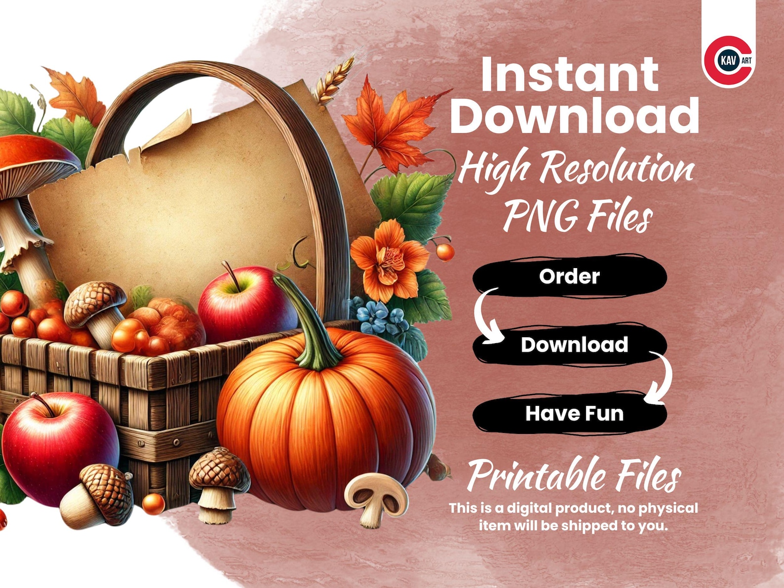 Autumn Basket Clipart: Pumpkin, Leaves & Flowers (PNG Digital Download ...