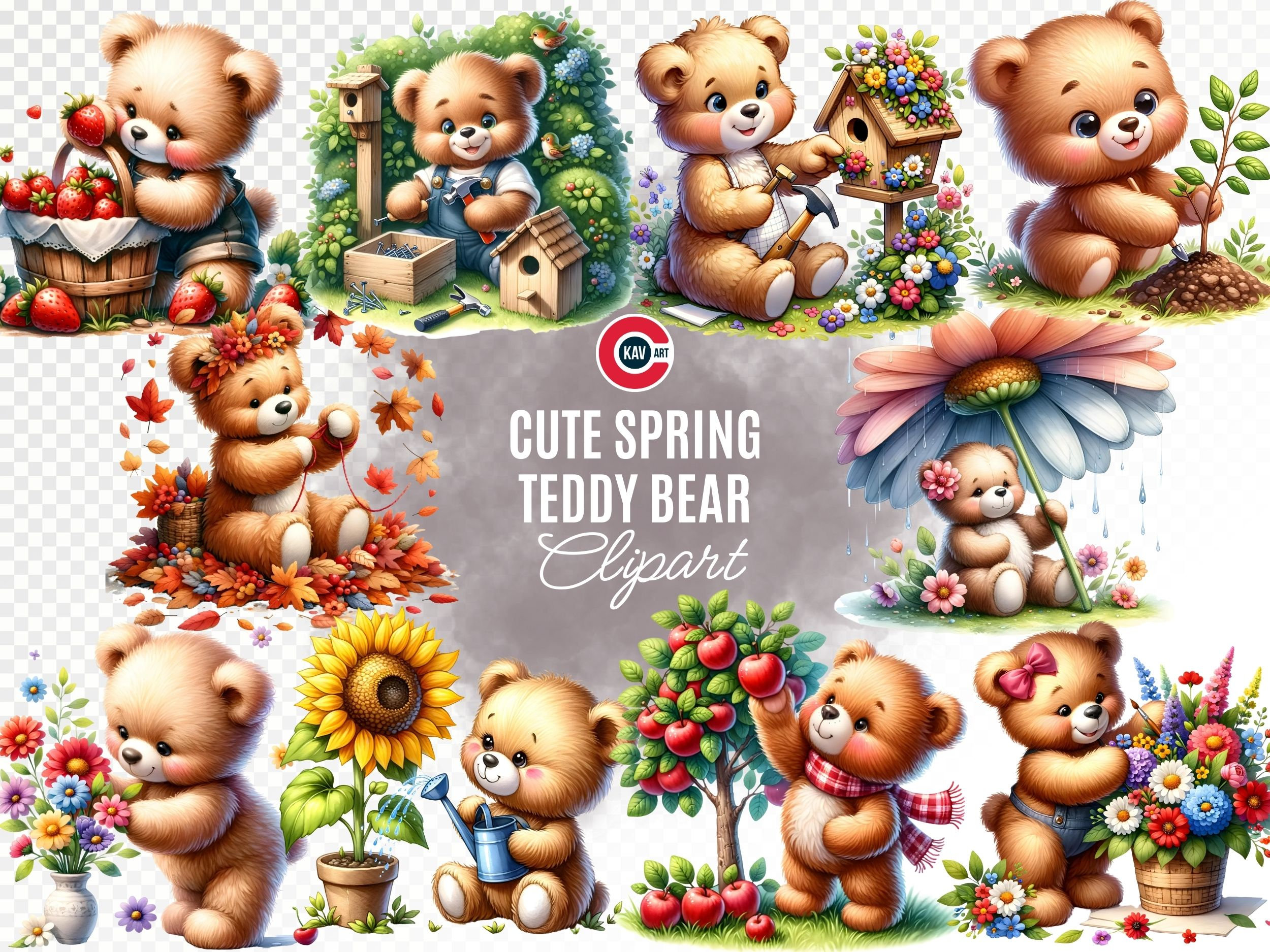 Cute Teddy Bear With Spring Flowers Watercolor Clipart Bundle, Cute ...