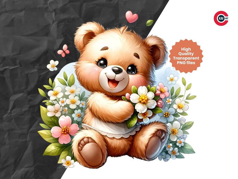 Cute Teddy Bear With Spring Flowers Watercolor Clipart Bundle, Cute ...
