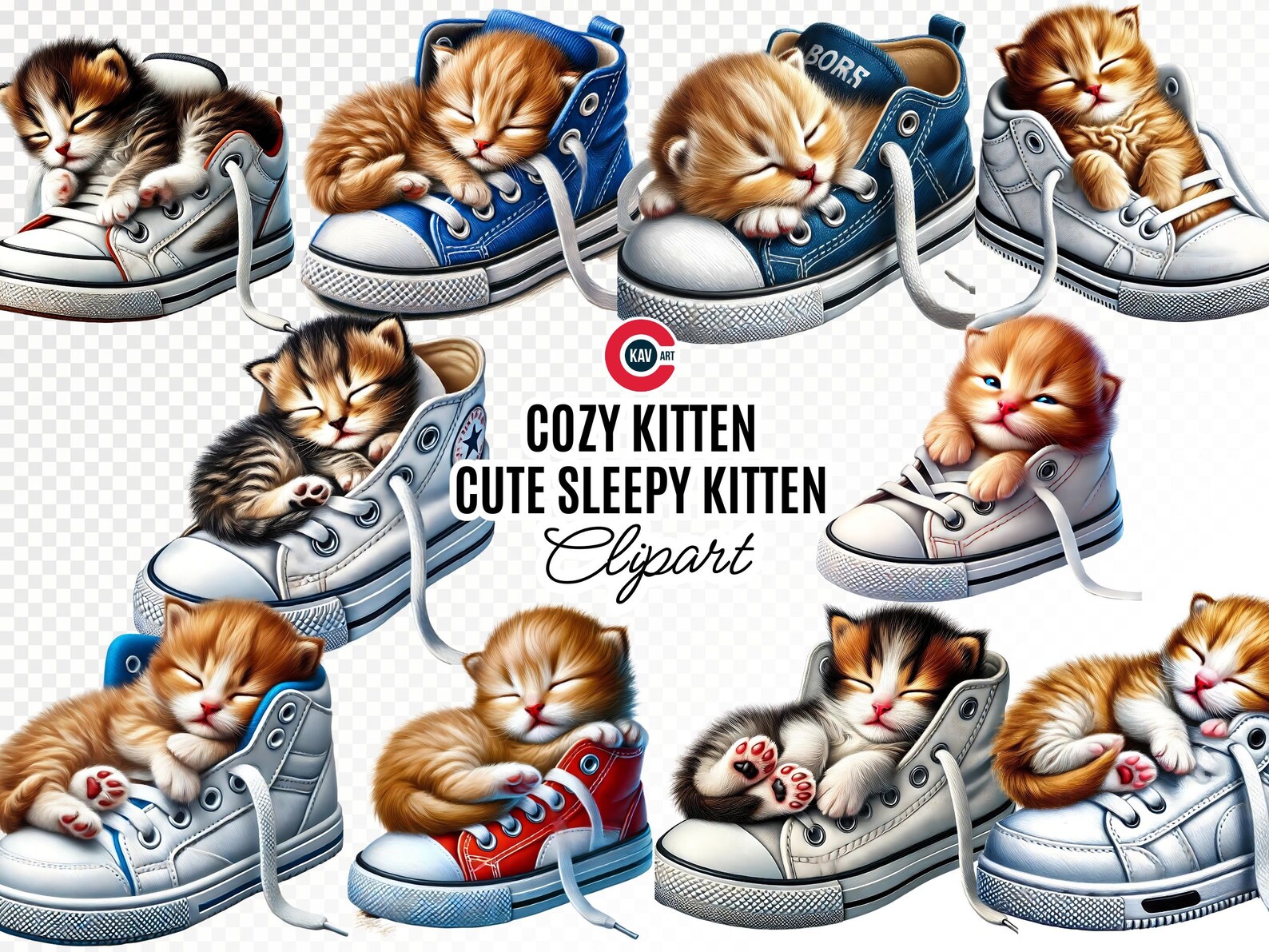 Kitten Clipart, Cute Kitten Sleeping in Sneaker, Sleepy Kitten Clipart ...