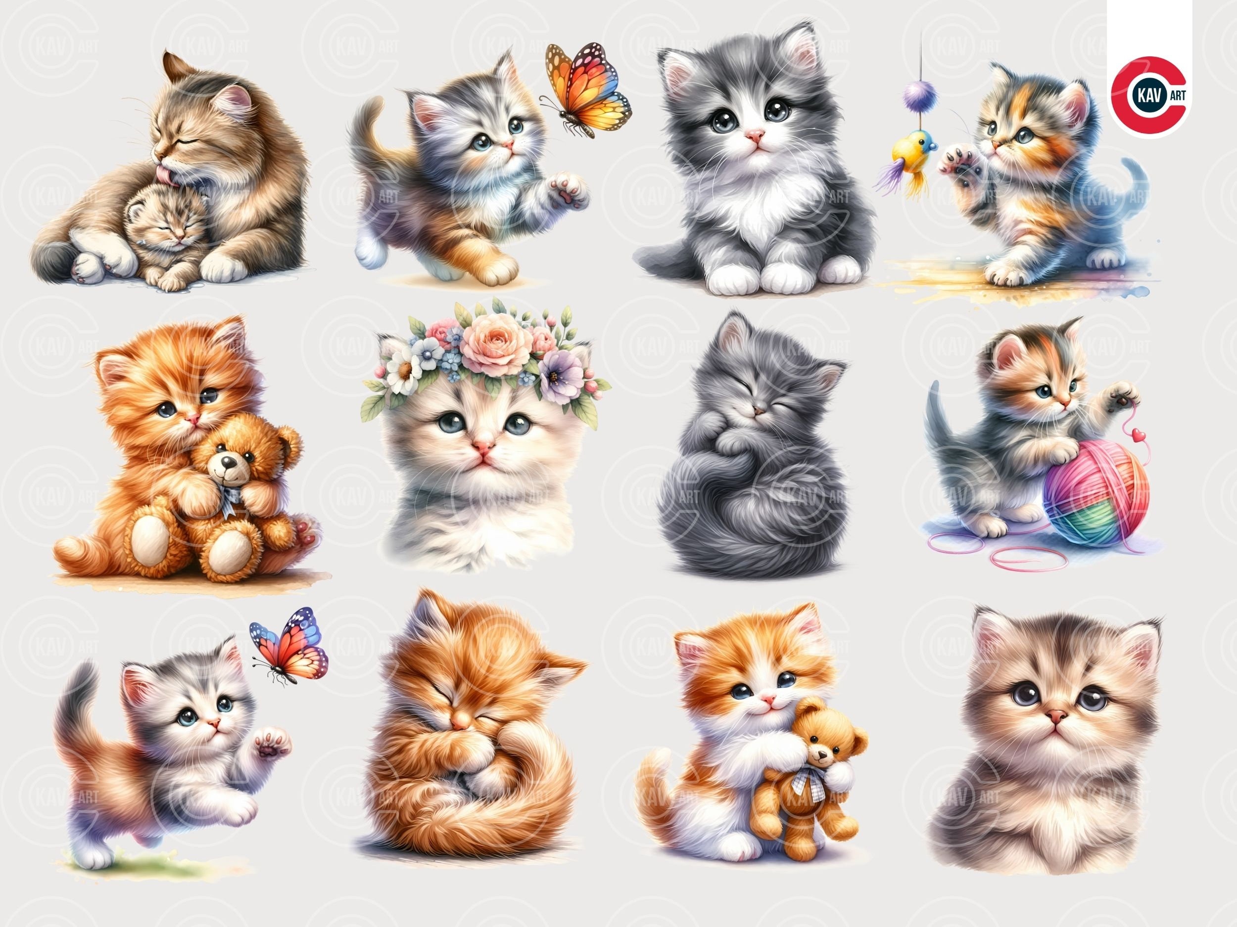 Cute Cat Clipart Pngs, Cute Kitten Watercolor Clipart, Print on Demand ...