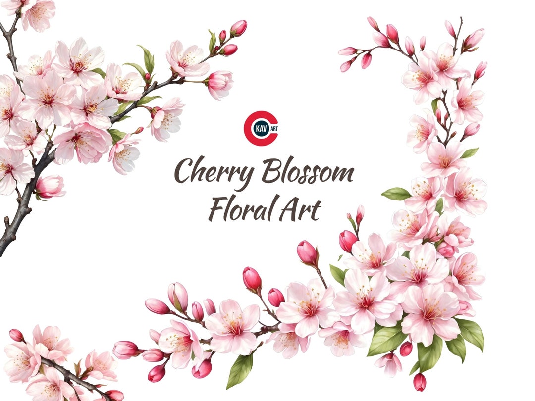 Watercolor Cherry Blossom Clipart: Spring Floral PNG Bundle (digital ...