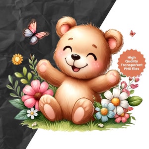 Cute Teddy Bear With Spring Flowers Watercolor Clipart Bundle, Cute ...