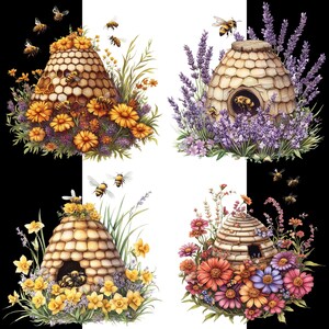 Rustic Beehive Clipart With Vibrant Flowers and Bees, Digital Download ...