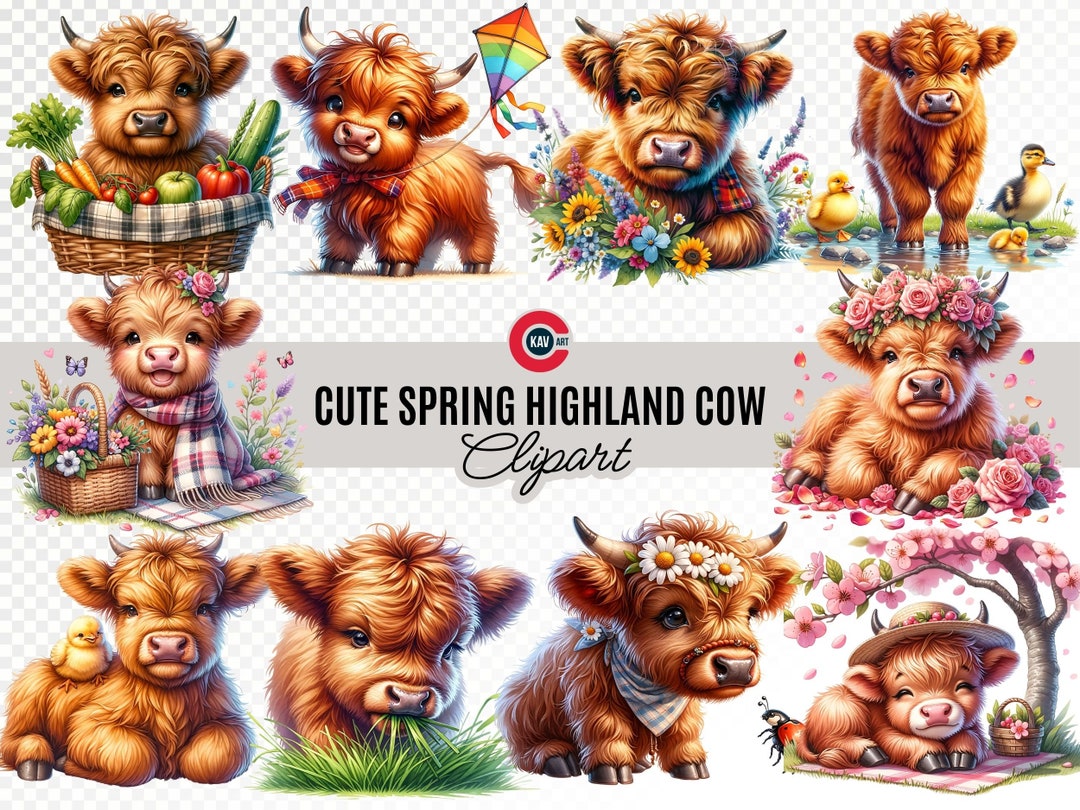 Highland Cow Spring Clipart - Baby Cow Illustrations, Cute Western ...