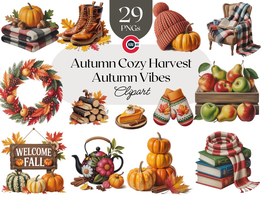 Cozy Autumn Harvest Clipart Bundle: Fall Festival PNG Graphics (digital ...