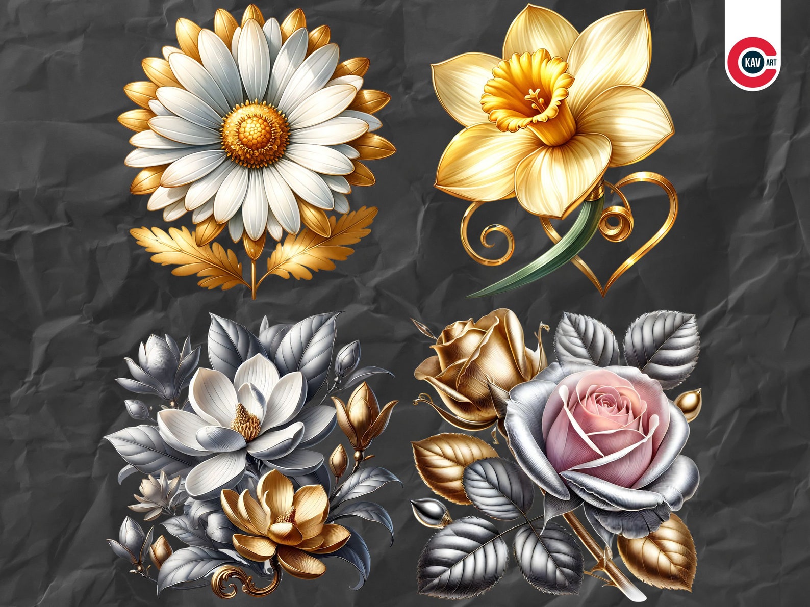 Gold and Silver Flower Art Clipart, Metal Flower Artefacts, Gold Flower ...