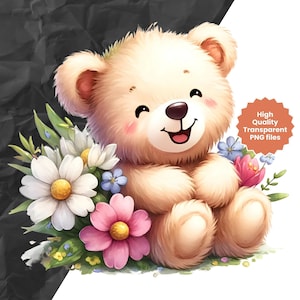 Cute Teddy Bear With Spring Flowers Watercolor Clipart Bundle, Cute ...
