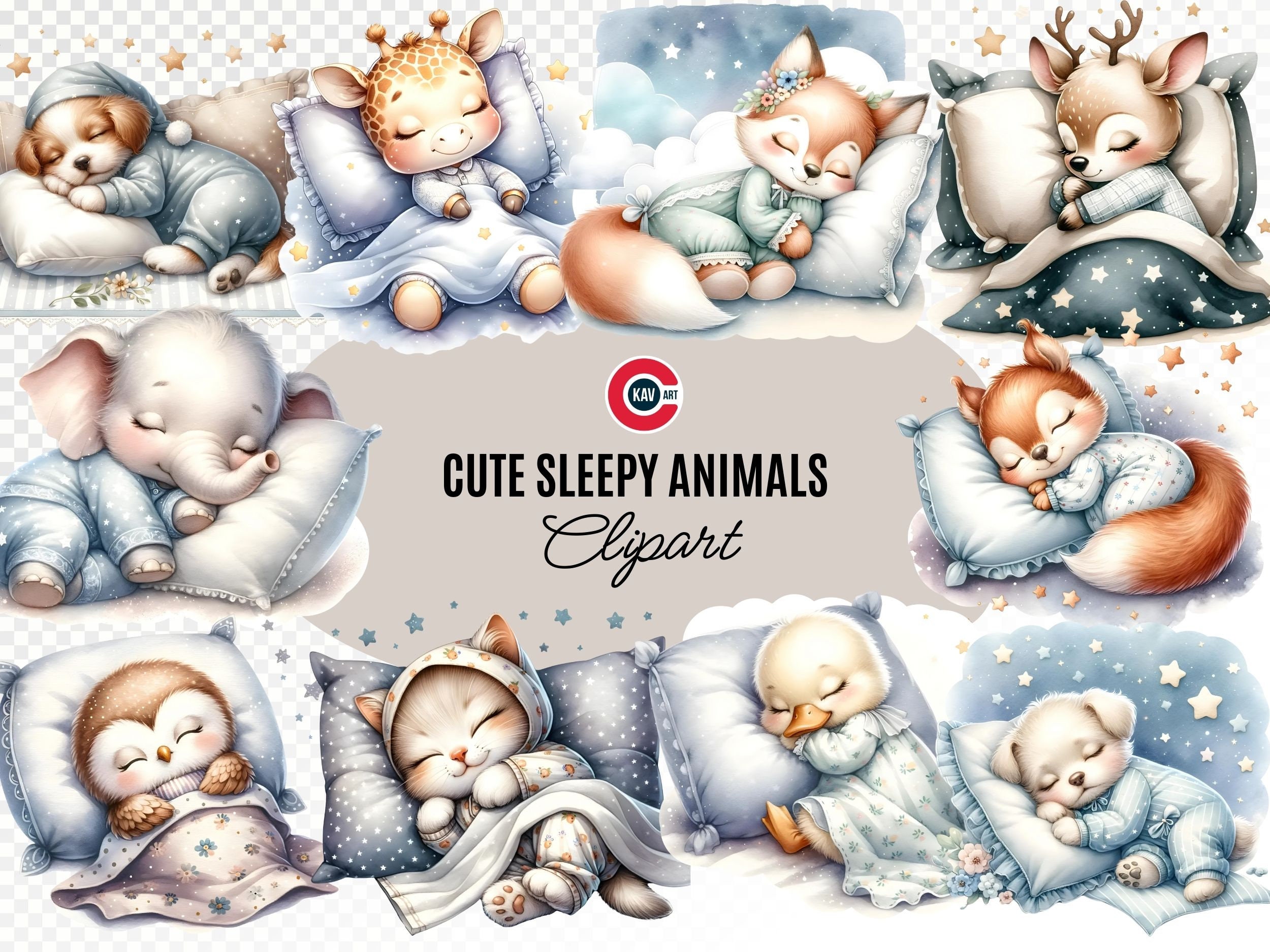 Cute Sleepy Animals Watercolor Clipart, Nursery Decor, Baby Shower ...
