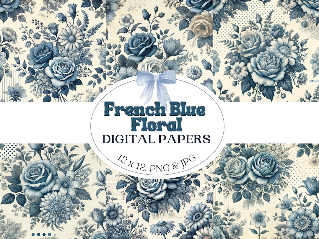 French Blue Toile Digital Paper | Floral Scrapbook Patterns (digital ...