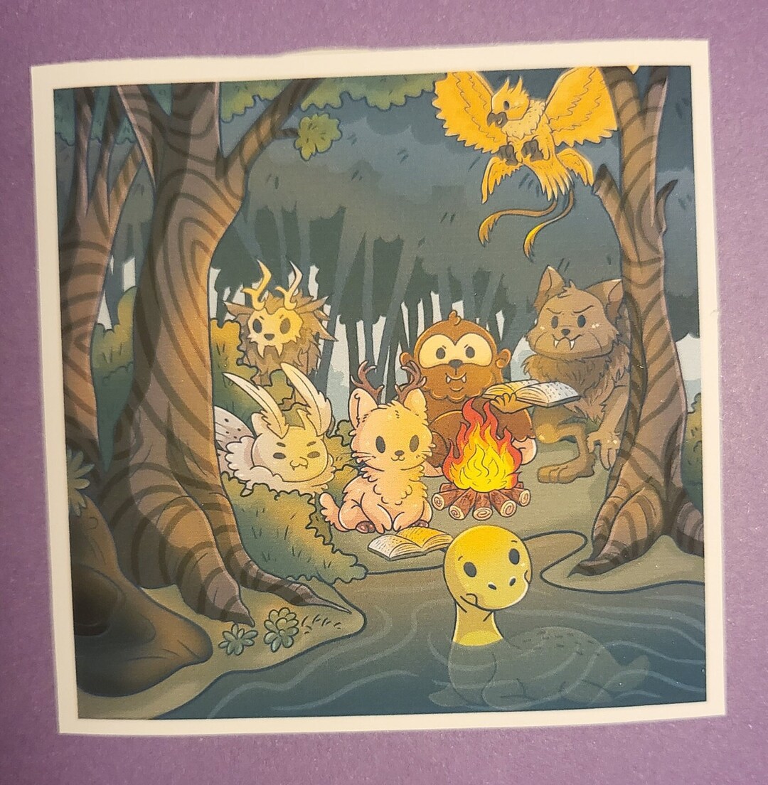 Adorable Cryptid Camping Reading Forest Sticker - Glossy, Matte, or ...