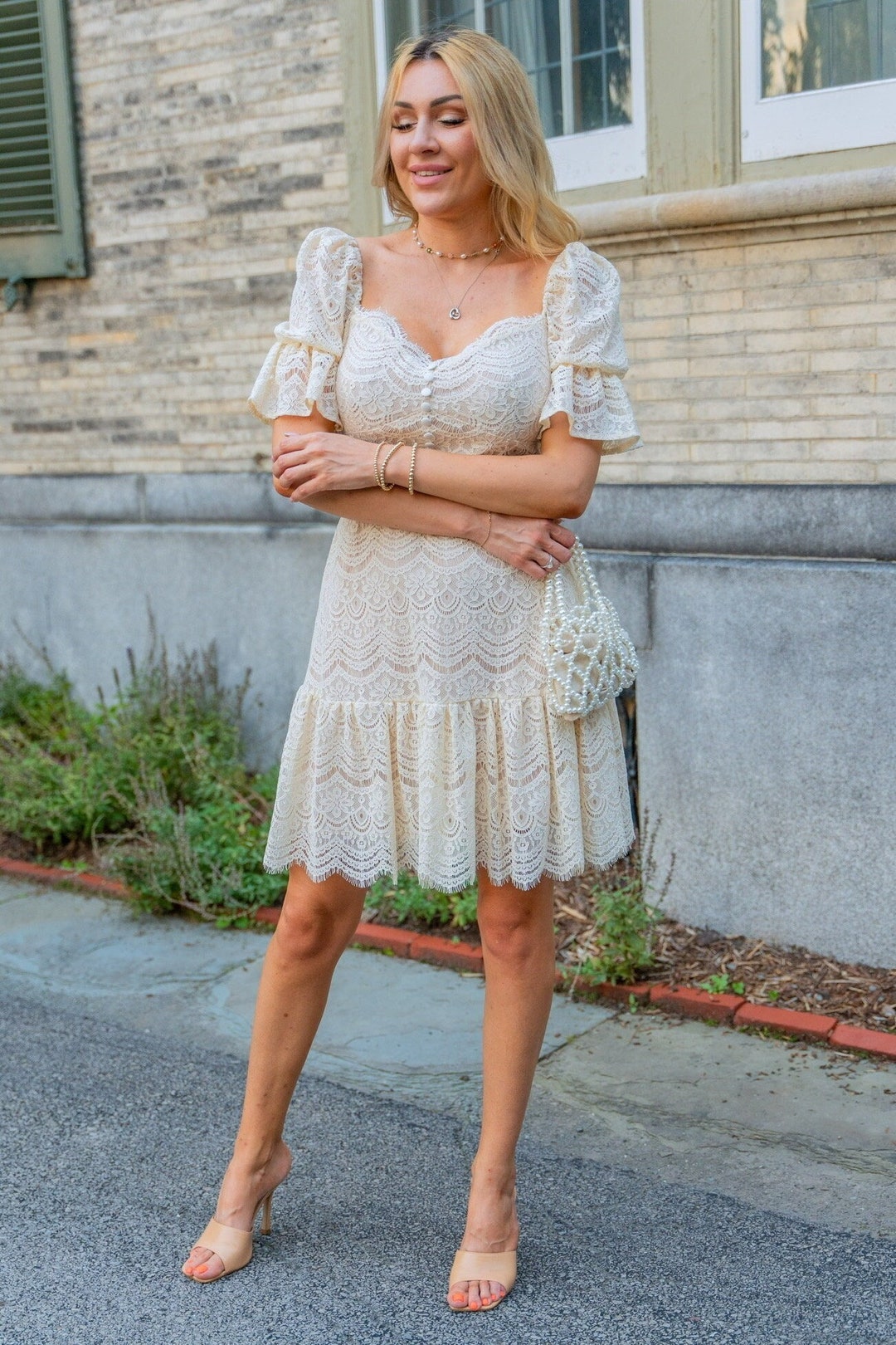 Cream Lace Dress, Puff Sleeve Mini Dress, Ruffle Hem Dress, Button ...
