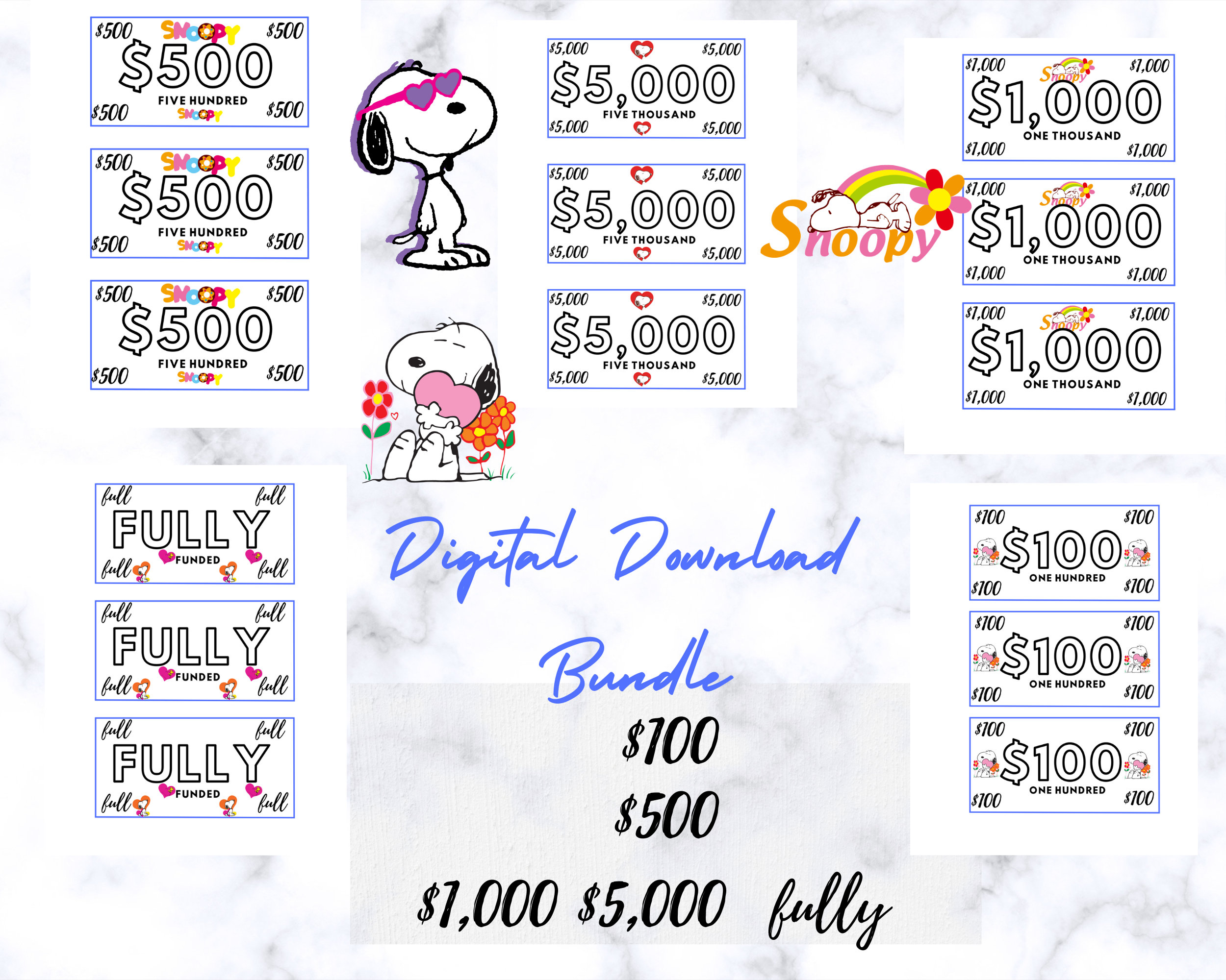 Snoopy money Placeholder Bundle, DIGITAL DOWNLOAD, Fake Money for ...
