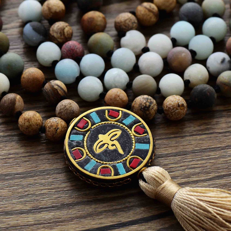 Amazonite Red Turquoise Mala Beads 108 Necklace | Natural Stone Mala ...