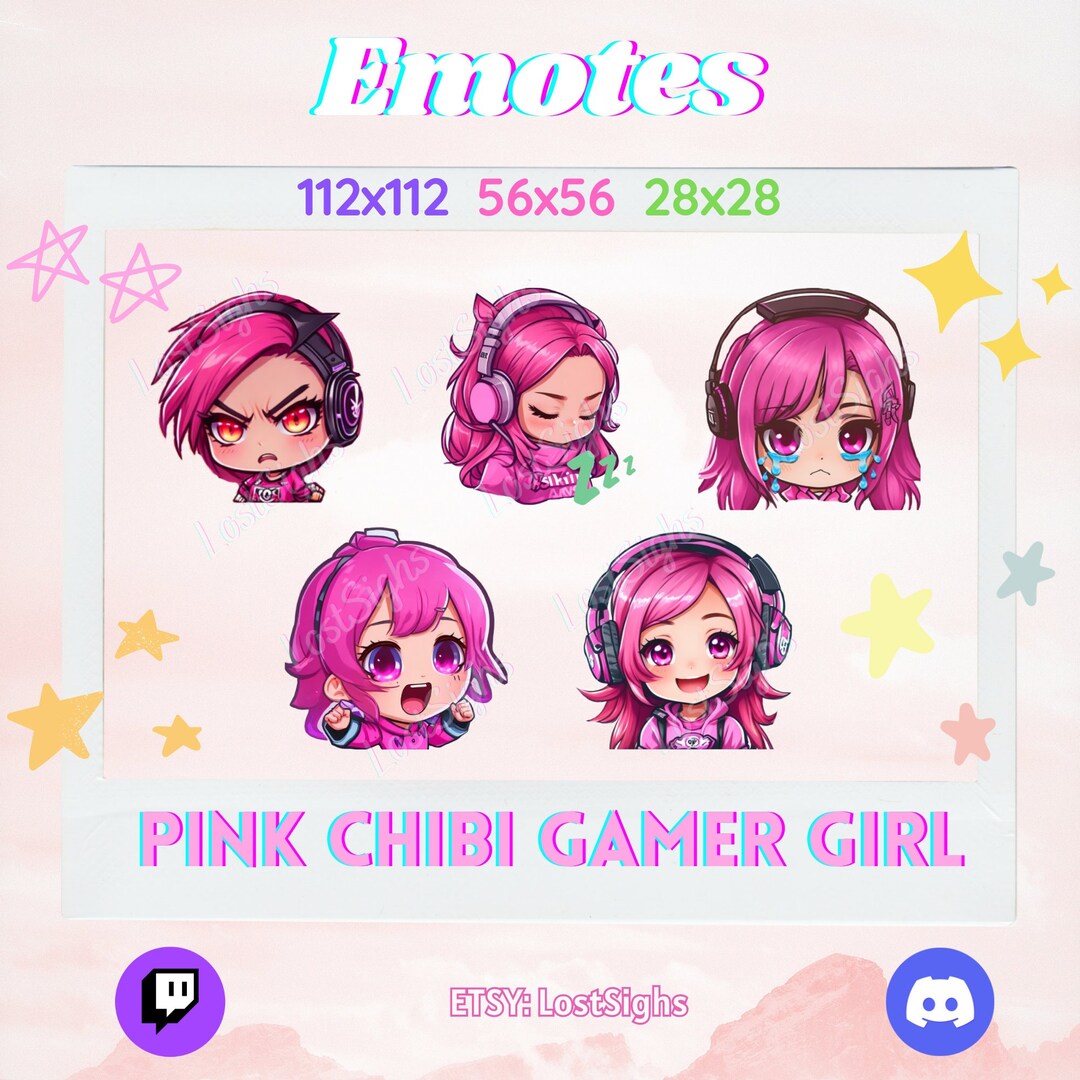 Pink Hair Chibi Gamer Girl Emote Pack (5) for Stream: Twitch, Discord ...