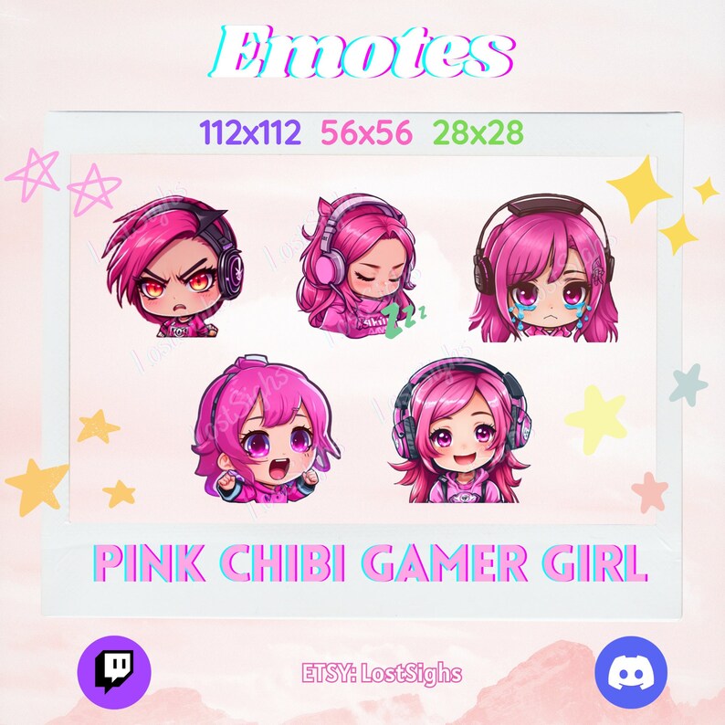 Pink Hair Chibi Gamer Girl Emote Pack (5) for Stream: Twitch, Discord ...