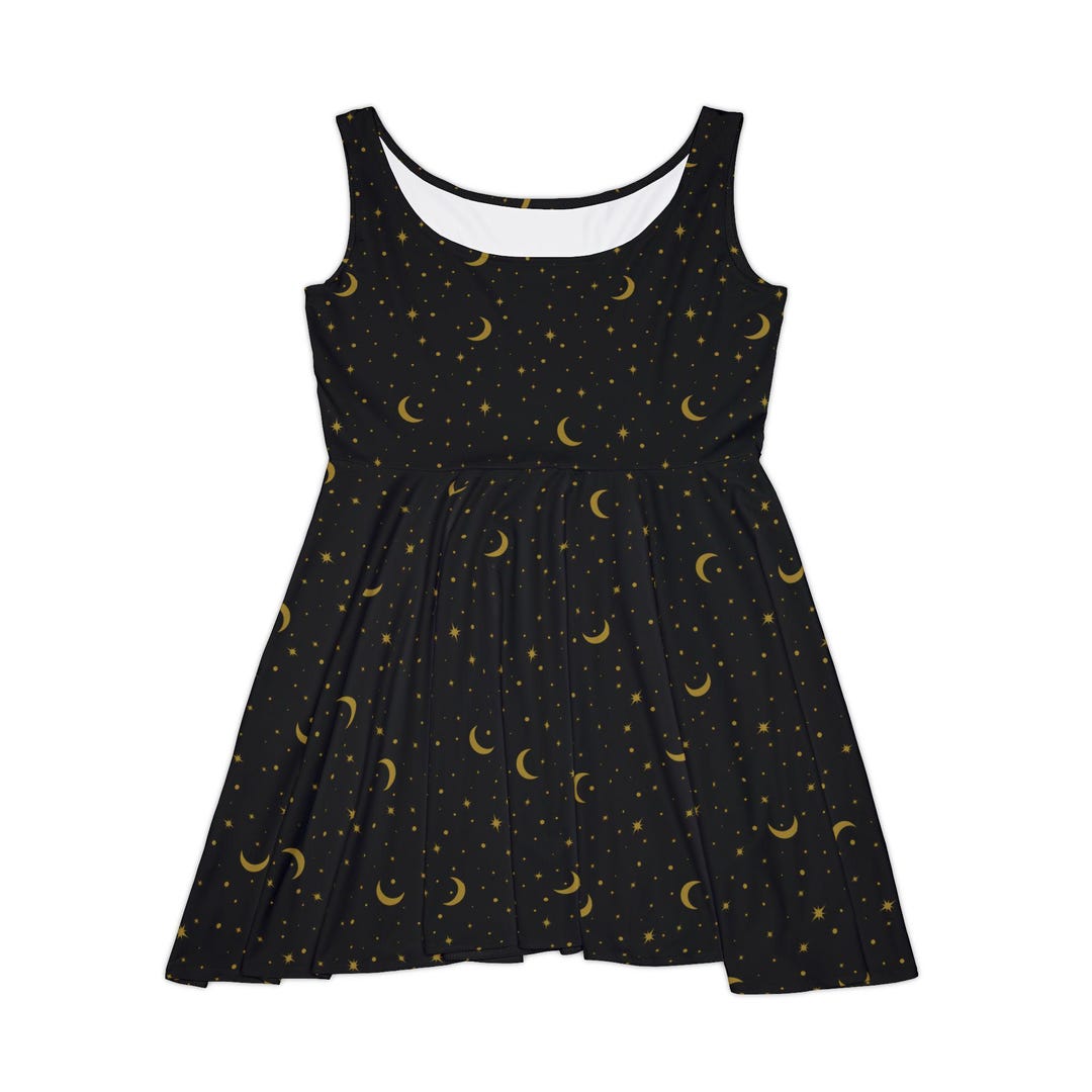 Celestial Skater Dress, Black Dress With Gold Moons and Stars, Women's ...