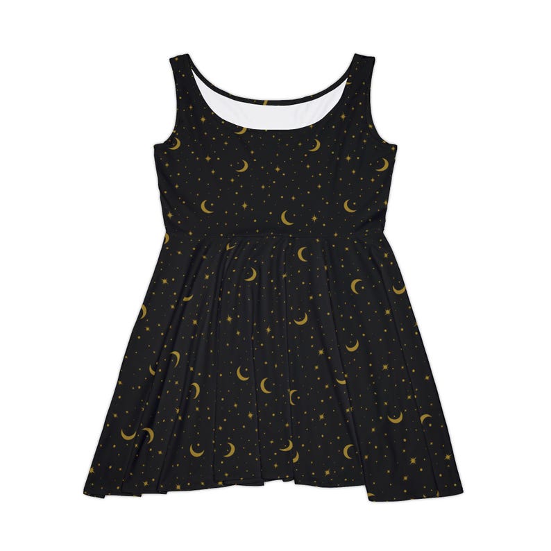 Celestial Skater Dress, Black Dress With Gold Moons and Stars, Women's ...