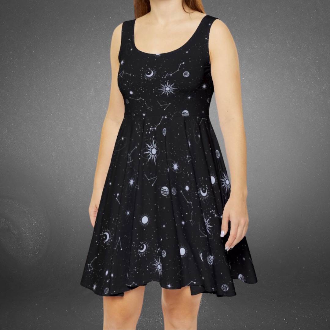Black Skater Dress With Constellations, Celestial Summer Dress, Galaxy ...