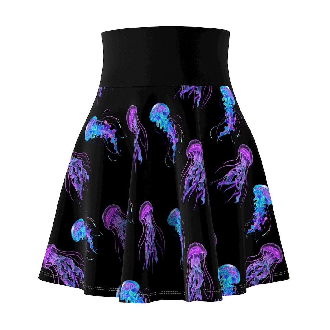 Jellyfish Skater Skirt, Black Women's Circle Skirt With Blue and Purple ...