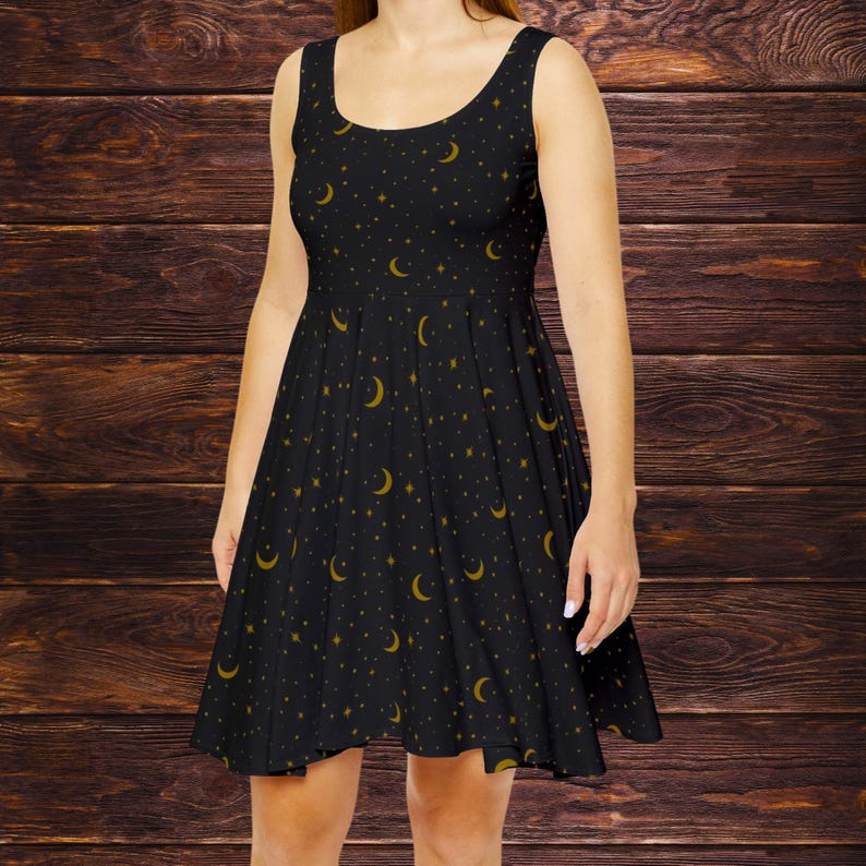 Celestial Skater Dress, Black Dress With Gold Moons and Stars, Women's ...