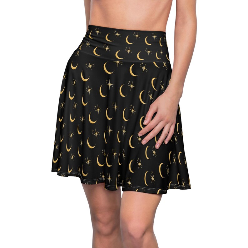 Witchy Skater Skirt, Crescent Moon and Stars, Gold on Black, Halloween ...