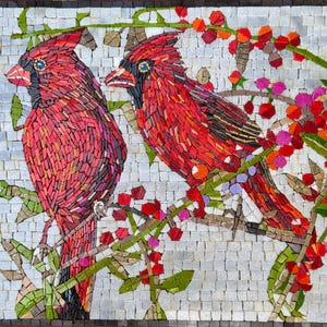 MOSAIC ART - Red Cardinals - Handmade Natural Stone Mural - Mosaic Tile ...
