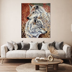 WALL ART HANGINGS - Handmade Mosaic - White Wolves - Natural Stone ...