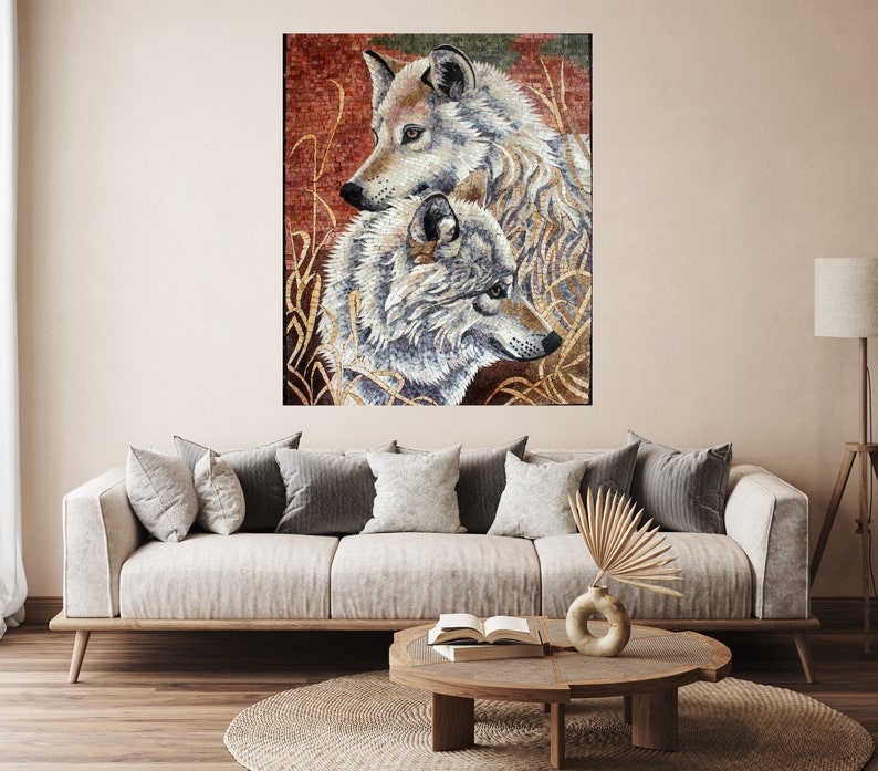 WALL ART HANGINGS - Handmade Mosaic - White Wolves - Natural Stone ...