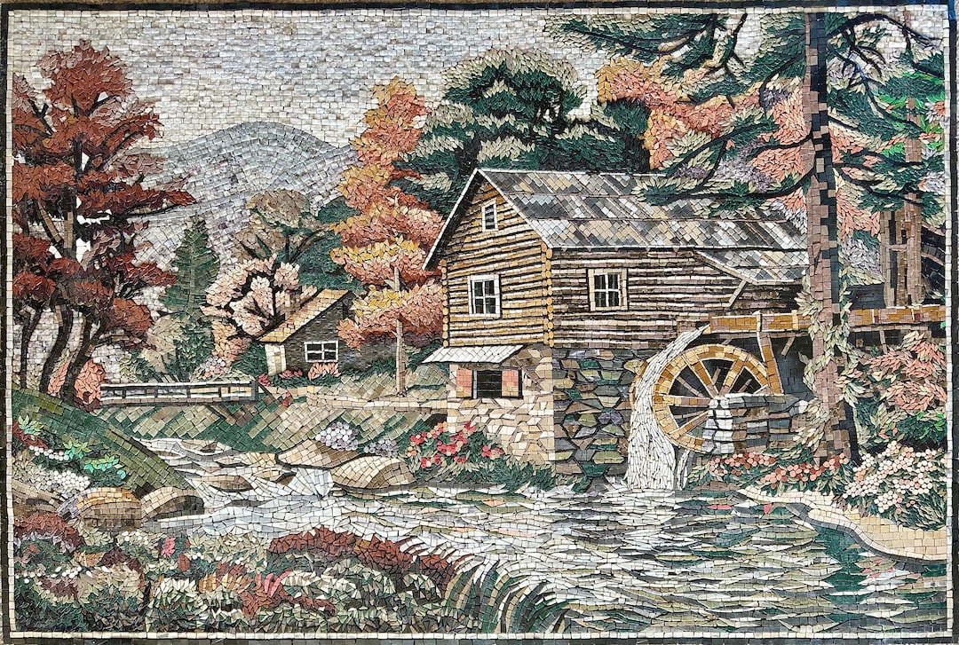 Village Watermill - Handmade Mosaic Wall Art - Natural Stone Mural ...