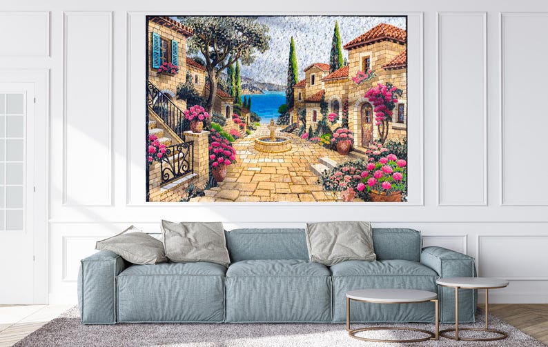 Mediterranean Courtyard Mosaic Wall Art – Luxury Handmade Marble ...