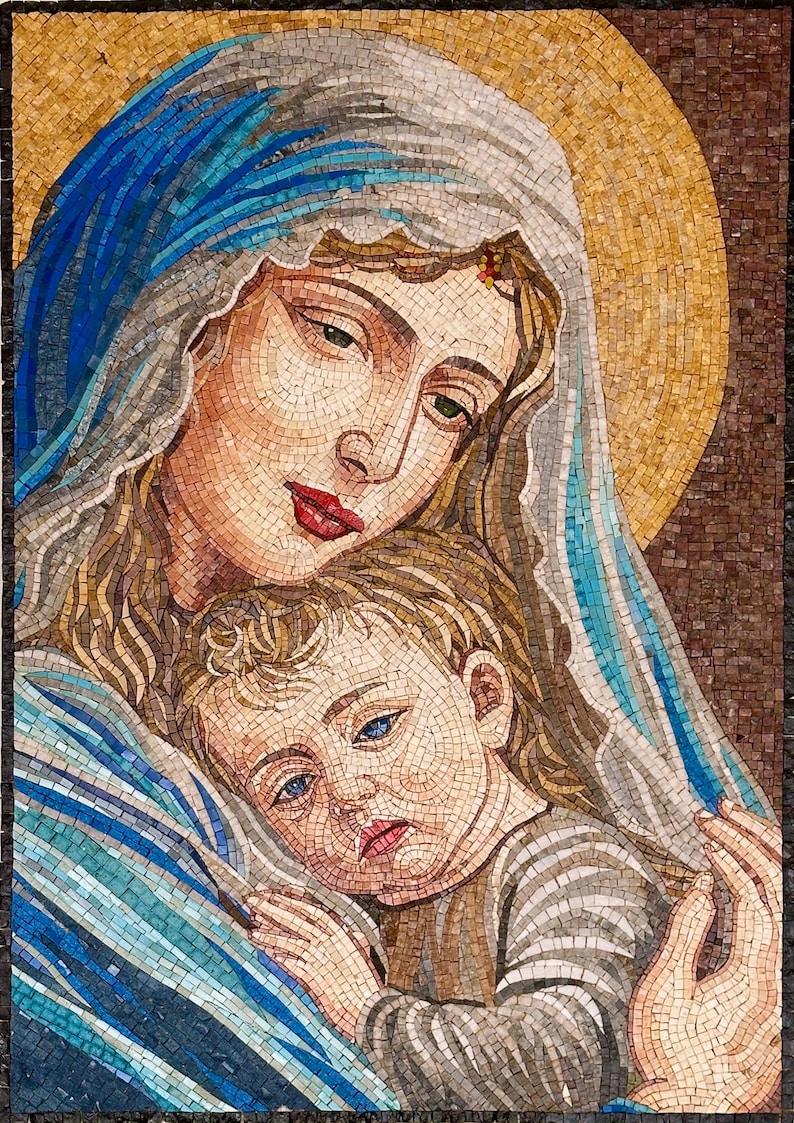 Religious Handmade Mosaic Art - Jesus and Virgin Mary - Natural Stone ...