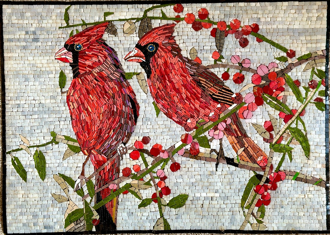 Mosaic Art - Red Cardinals - Handmade Natural Stone Mural - Mosaic Tile ...