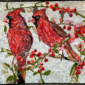 Mosaic Art - Red Cardinals - Handmade Natural Stone Mural - Mosaic Tile ...