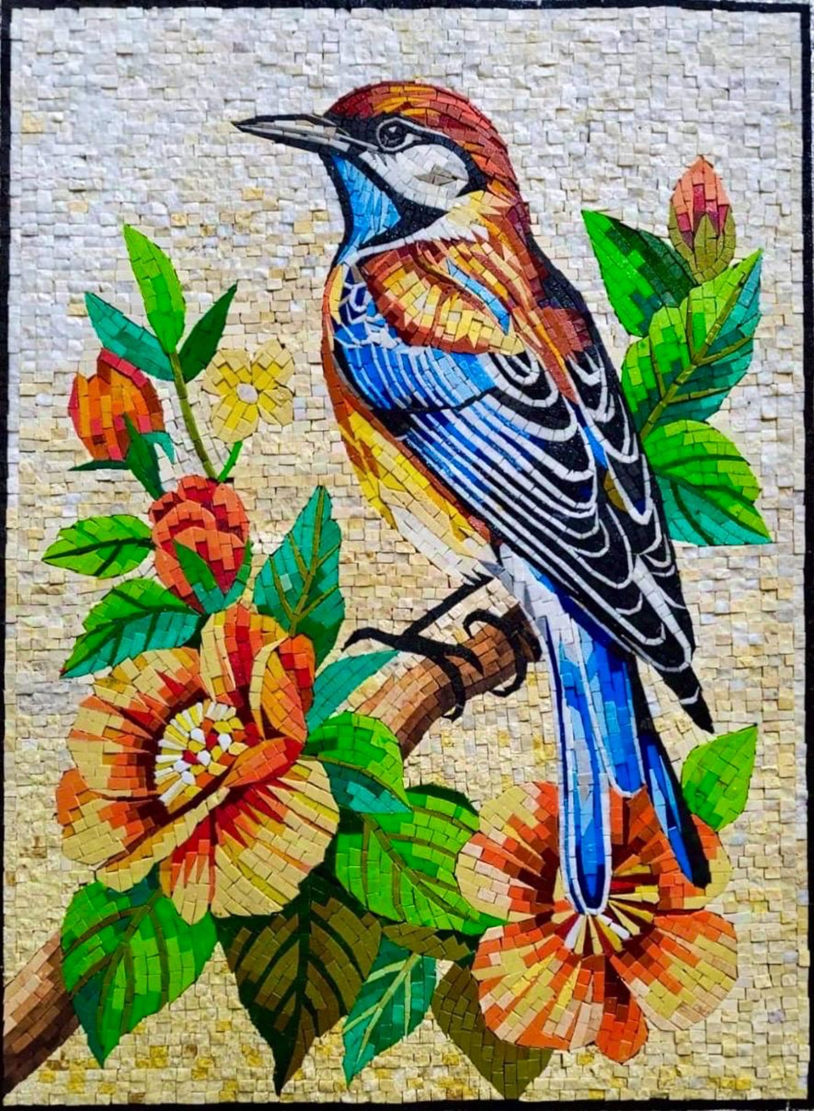 Handmade Stone Mosaic - Wall Art - Bird on a Flower - Elegant Home ...