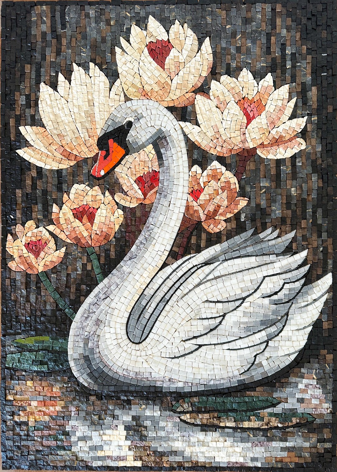 Elegant Swan & Lotus Flowers Mosaic Wall Art - Handmade Stone Artwork ...