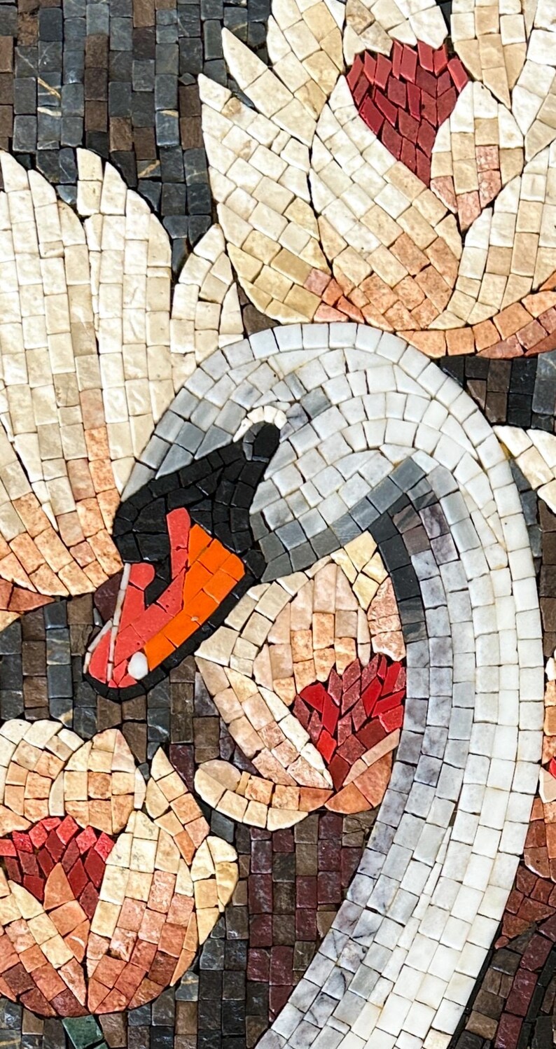 Elegant Swan & Lotus Flowers Mosaic Wall Art - Handmade Stone Artwork ...