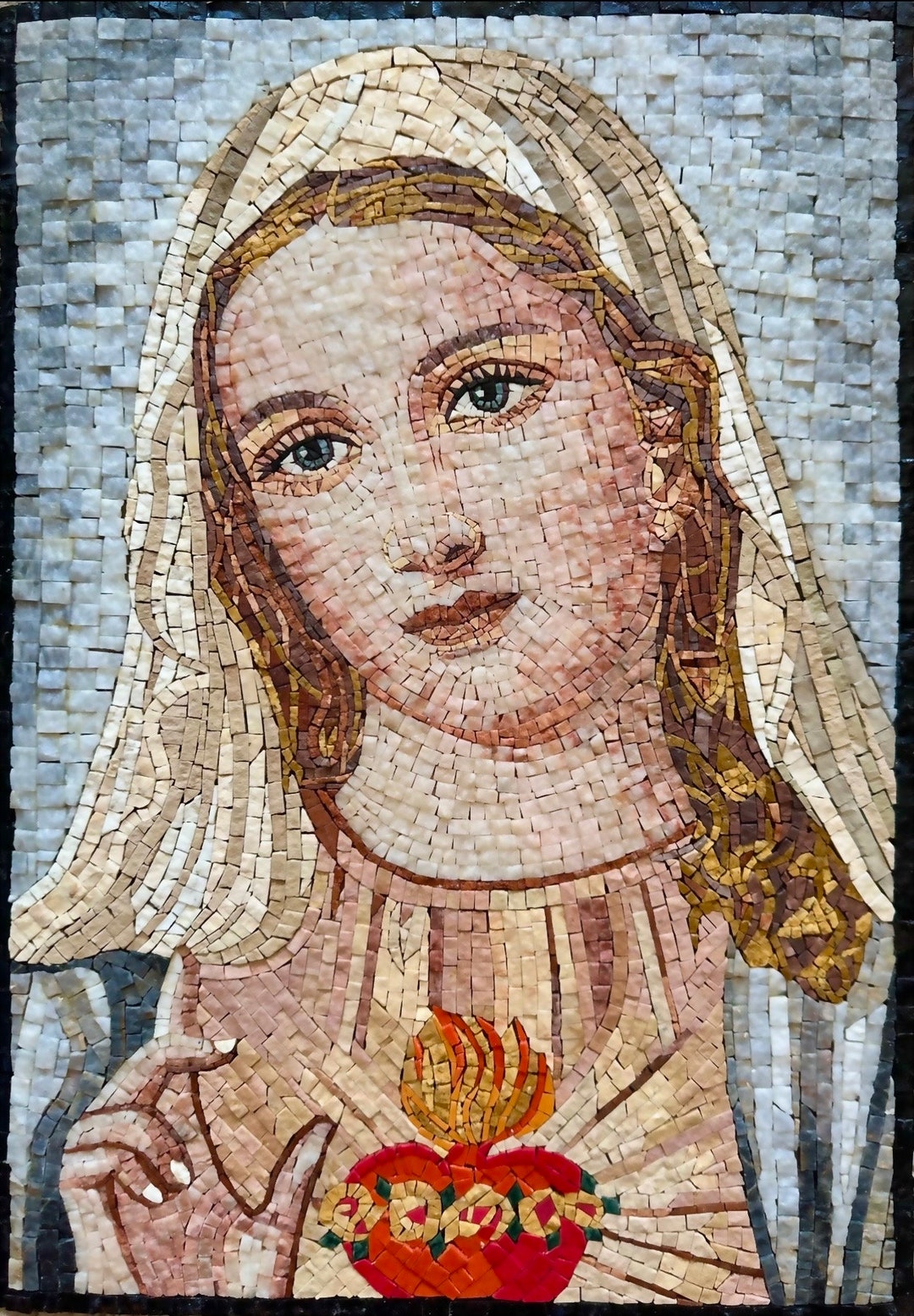 RELIGIOUS MOSAIC ART - Virgin Mary With Loving Heart - Marble & Natural ...