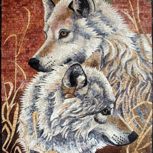 WALL ART HANGINGS - Handmade Mosaic - White Wolves - Natural Stone ...