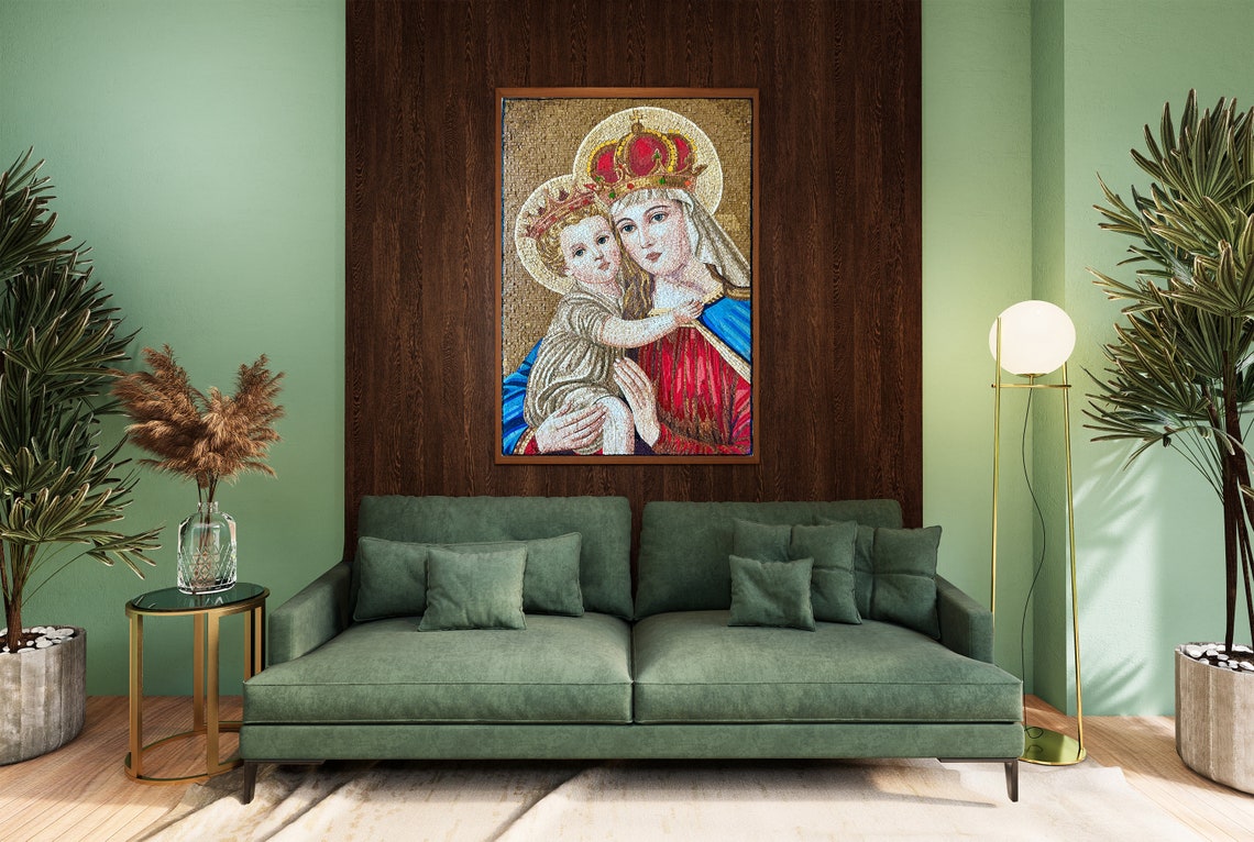 Virgin Mary and Jesus Handmade Religious Mosaic Wall Art. Natural Stone ...