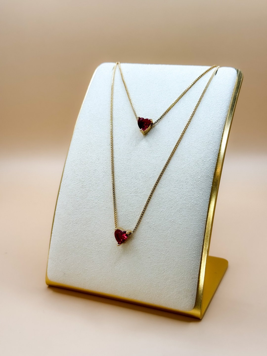 Red Crystal Heart Pendant Necklace, Romantic Gold Ruby Solitaire ...