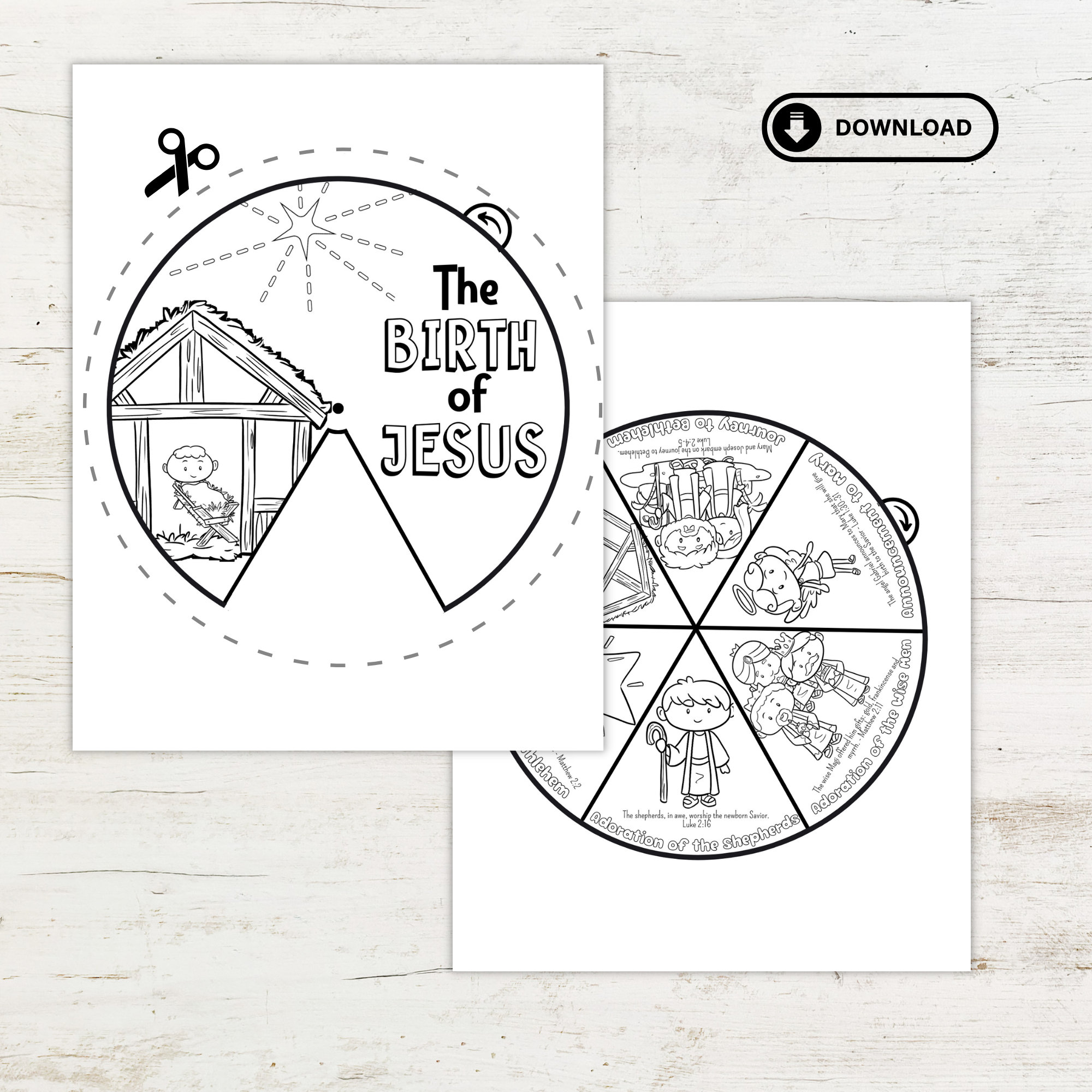 Birth of Jesus Coloring Wheel Bible Story Activities Printable Nativity ...