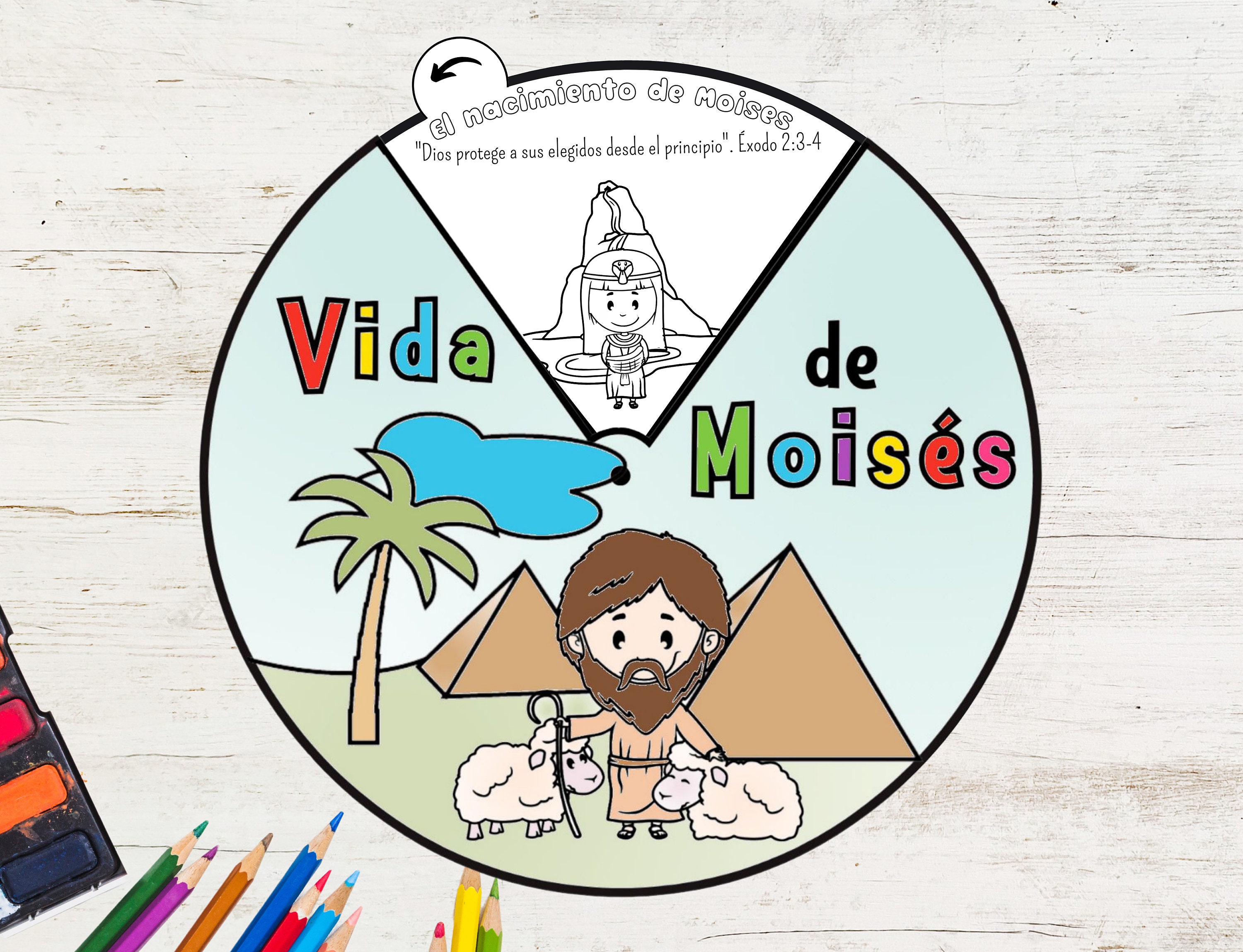 Story of Moses Coloring Wheel SPANISH, Bible Coloring Wheel, Printable ...