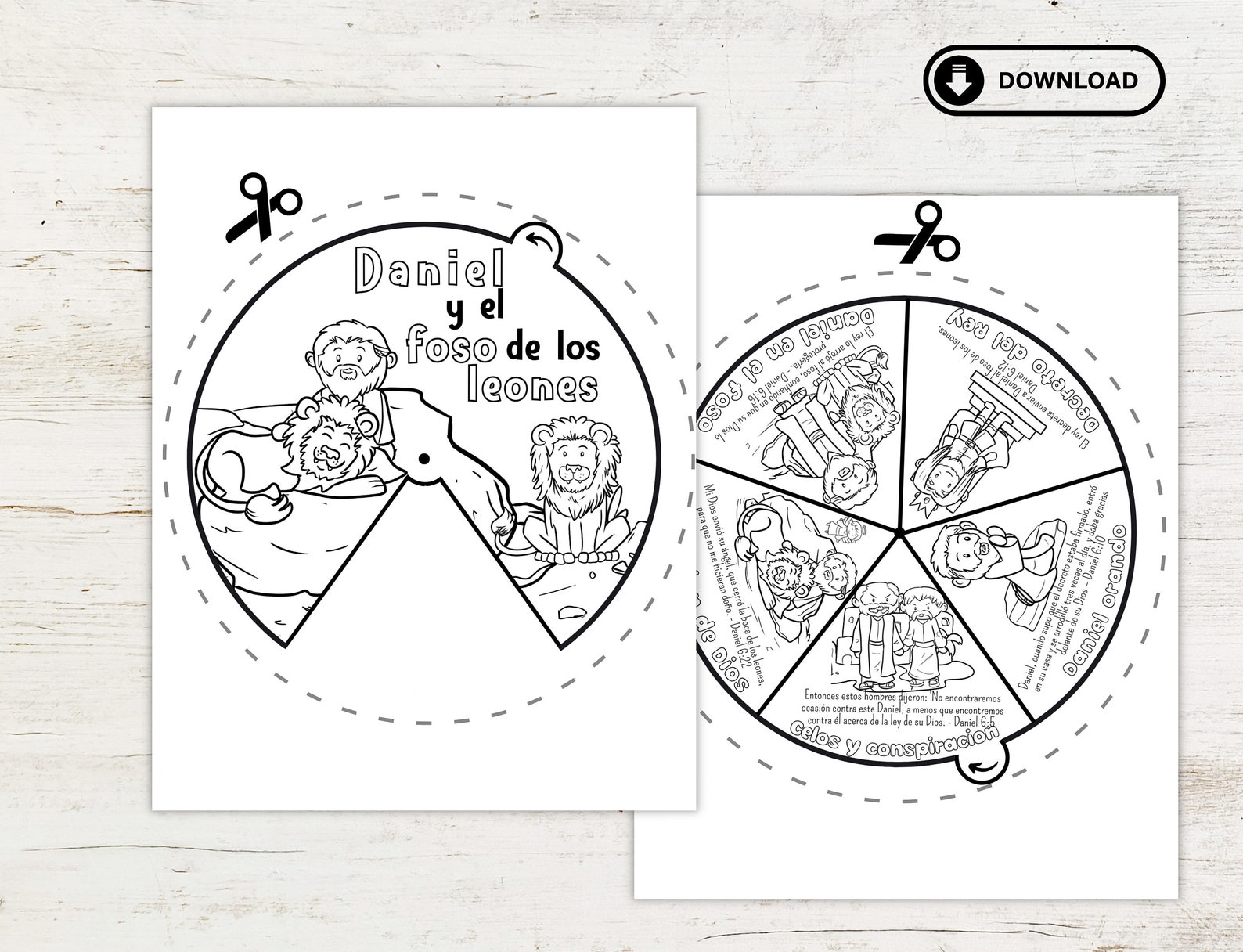 Daniel and the Lions Den Coloring Wheel IN SPANISH Bible Story Wheel Printable Bible Activity ...