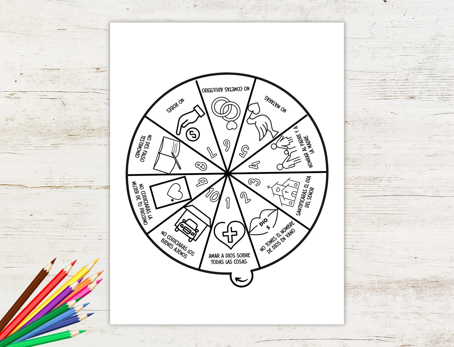 Ten Commandments Coloring Wheel SPANISH Bible Story Wheel Printable ...