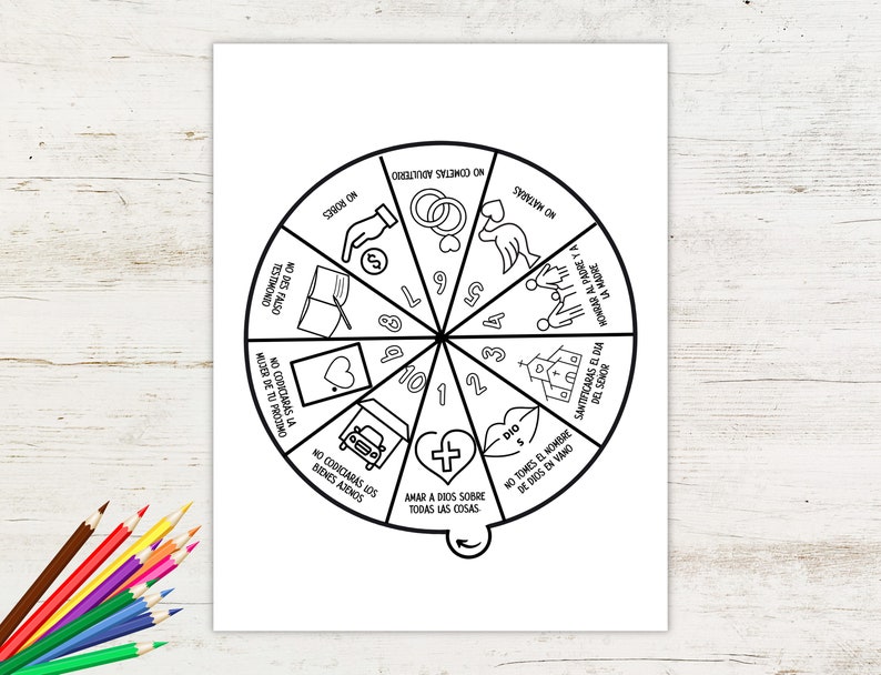 Ten Commandments Coloring Wheel SPANISH Bible Story Wheel Printable ...