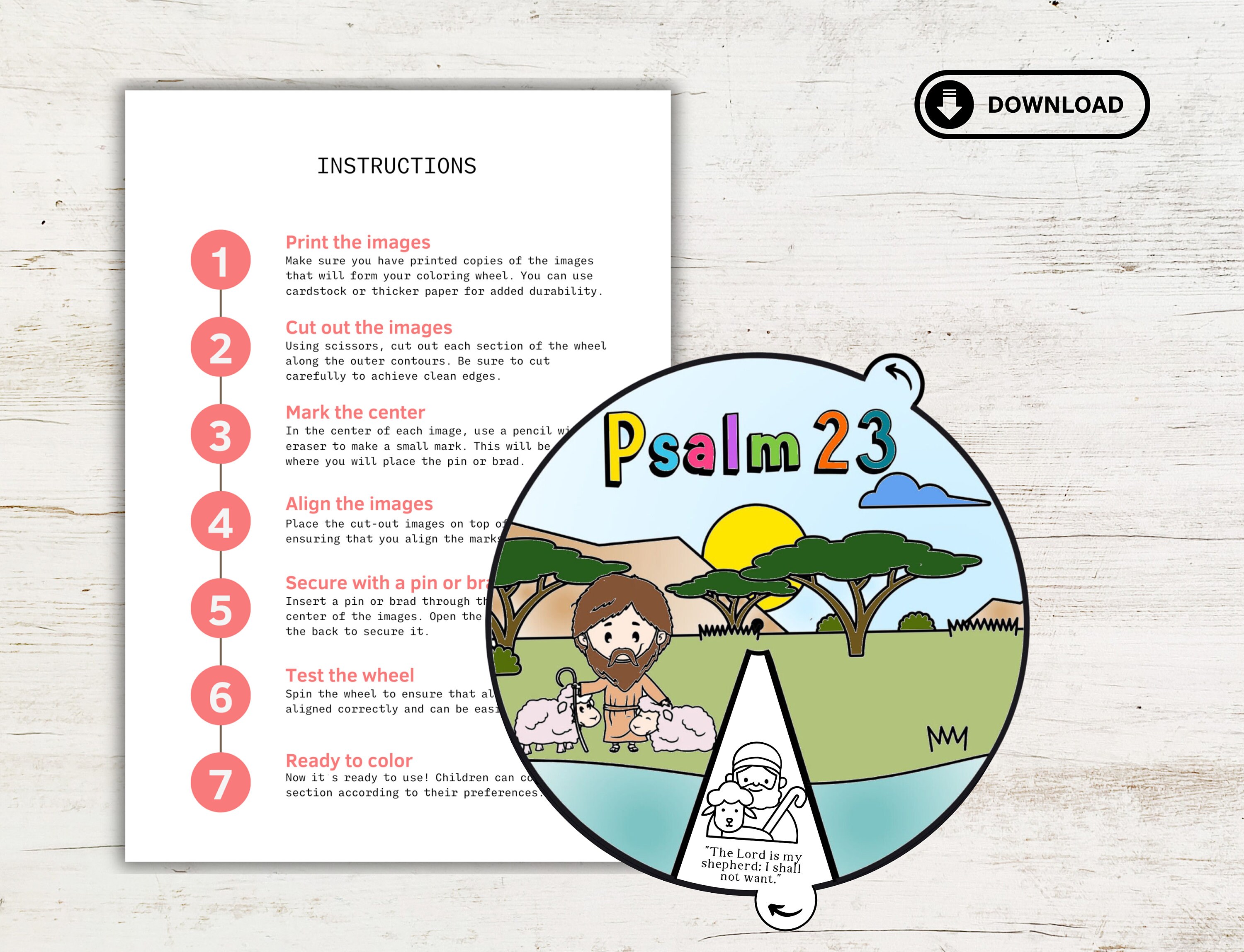 Psalm 23 Coloring Wheel, Jesus Coloring Wheel, Printable Bible Activity ...