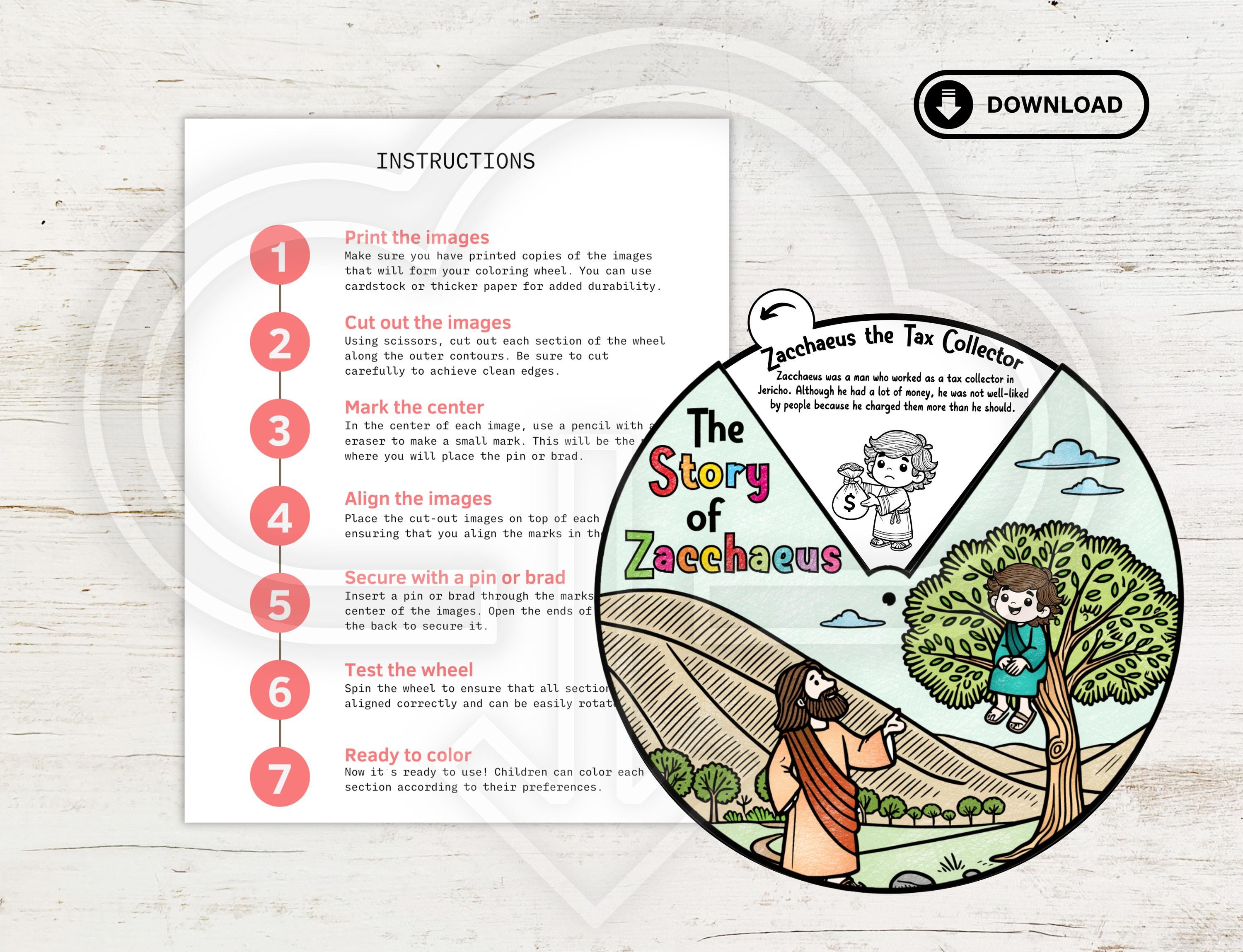 The Story of Zacchaeus Coloring Wheel, Bible Story Activity for Kids ...
