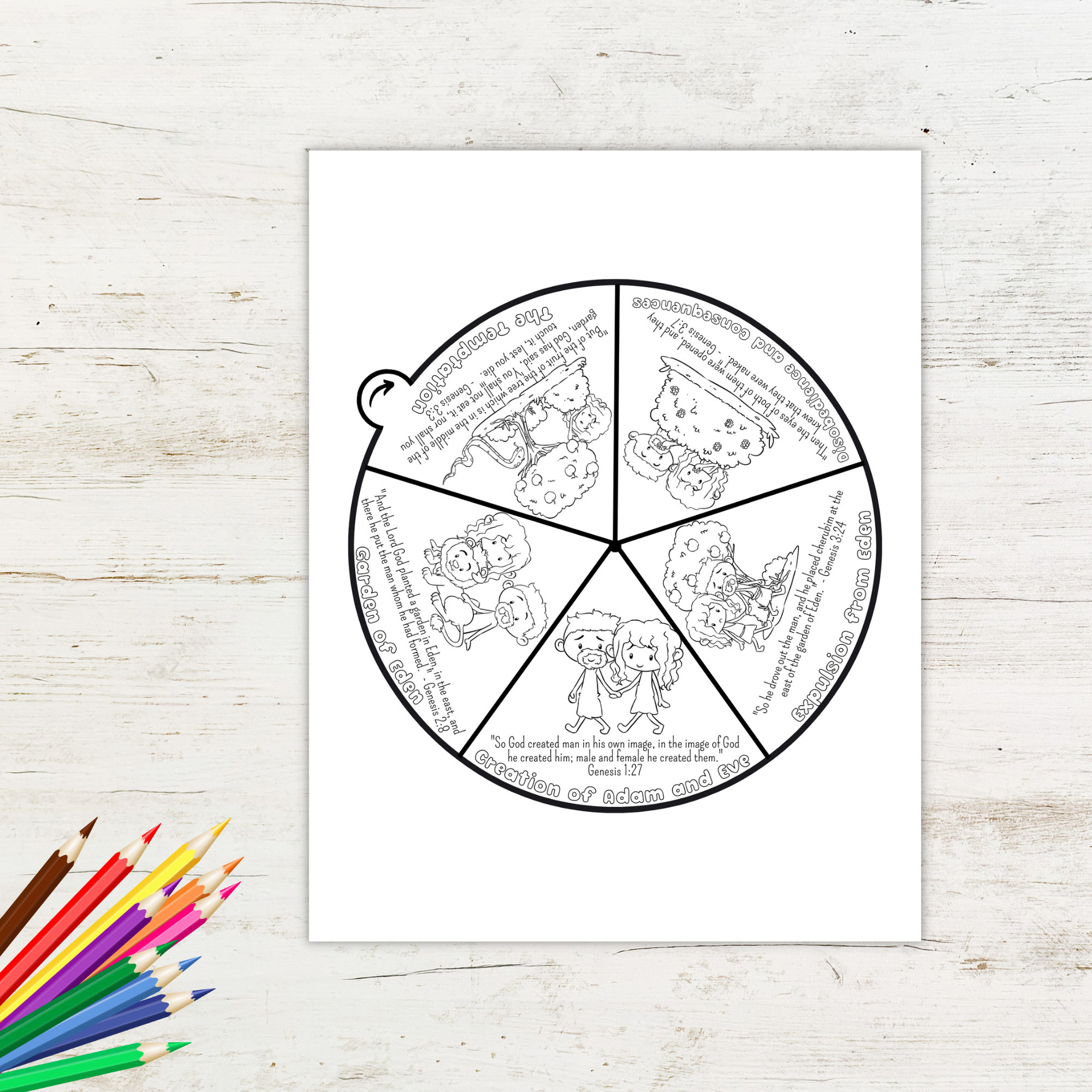Adam and Eve Coloring Wheel Bible Story Wheel Printable Bible Activity ...